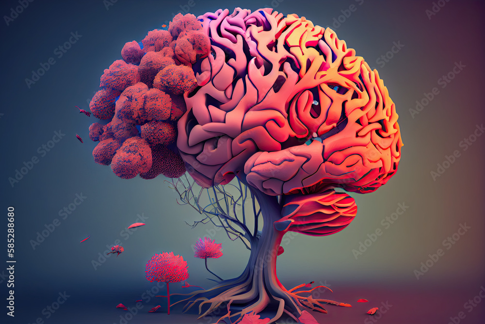 Illustration of a brain combined with nature, Healthy mind, 3D digital ...