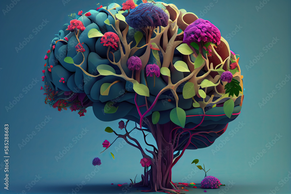 Illustration of a brain combined with nature, Healthy mind, 3D digital ...