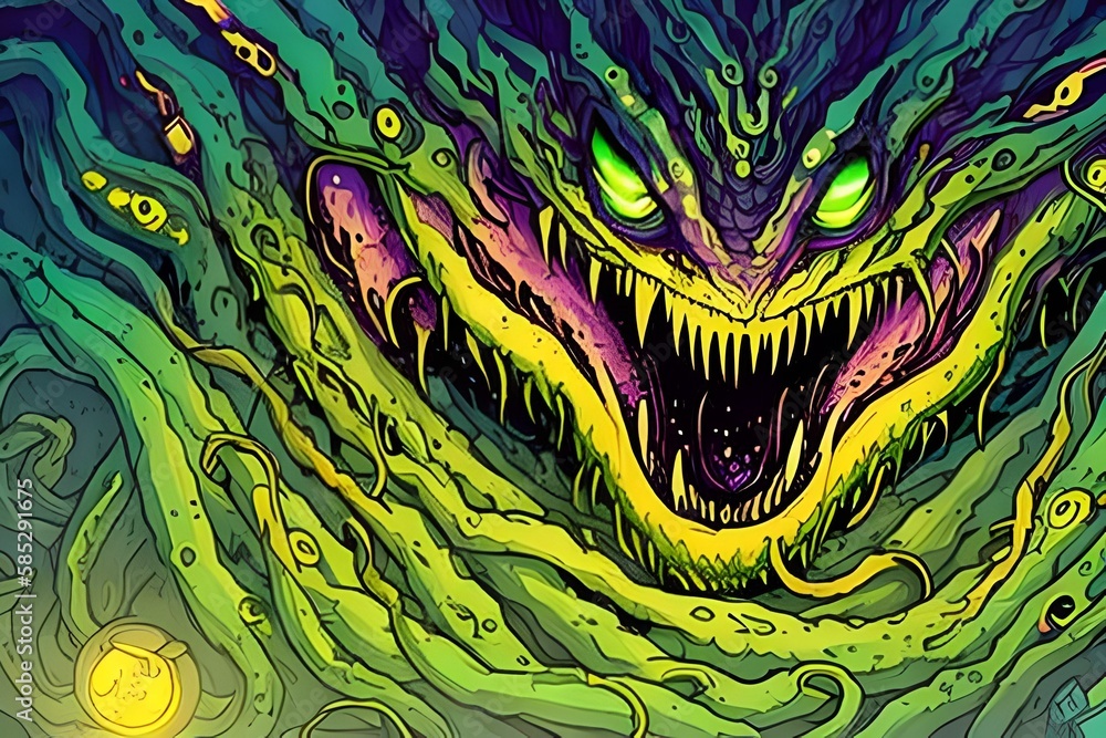 A slimy, tentacled alien monster with glowing eyes and sharp teeth in a watercolor Generative AI ...