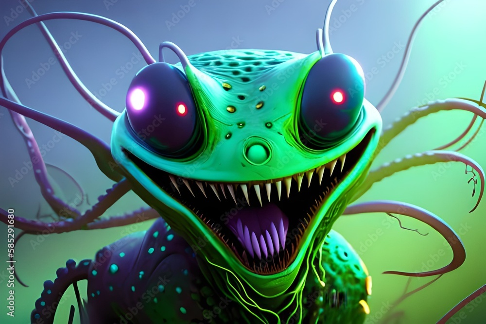 A slimy, tentacled alien monster with glowing eyes and sharp teeth in a ...