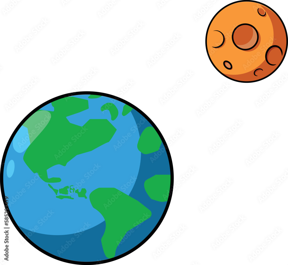 The Earth and moon in space, cartoon vector illustration. white ...