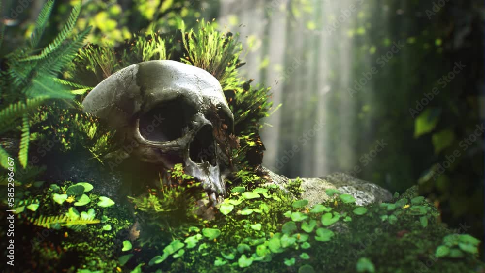 Human skull on the rock and plant in the forest.Butterfly 3d animation ...