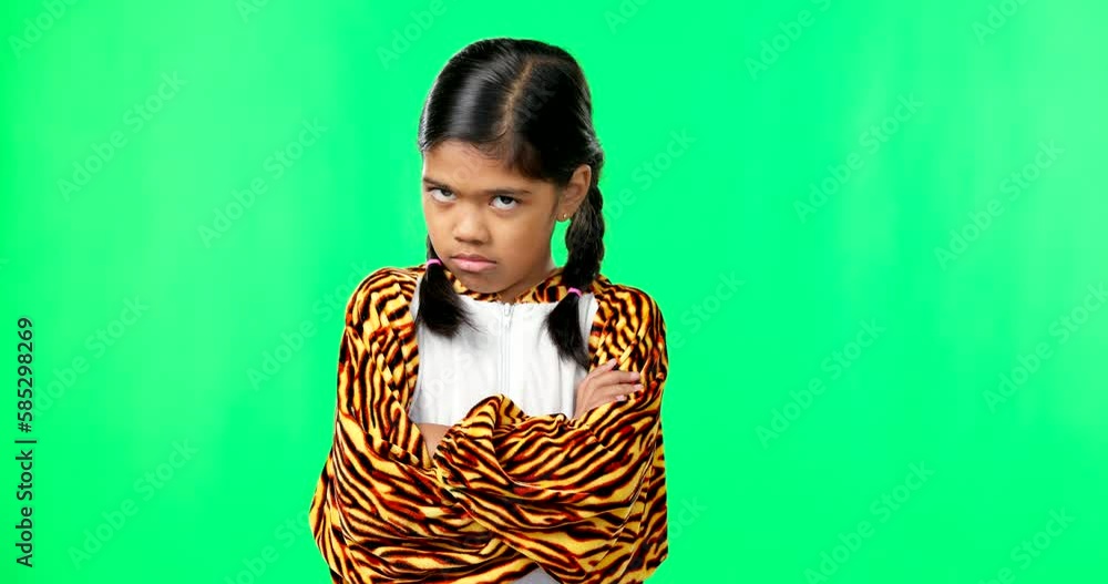 Girl child, angry face and green screen studio with arms crossed ...