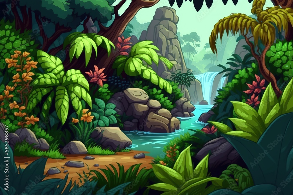 Cartoon-style jungle scene with a river and rocks Stock Illustration ...