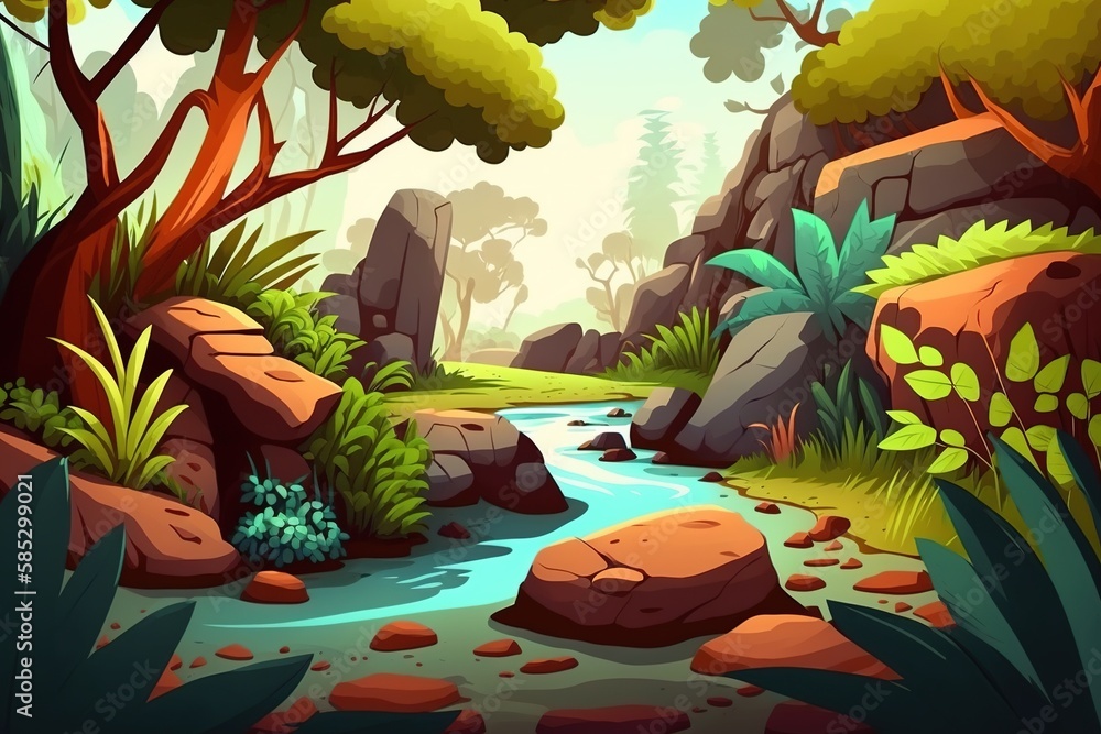 Cartoon-style jungle scene with a river and rocks Stock Illustration ...