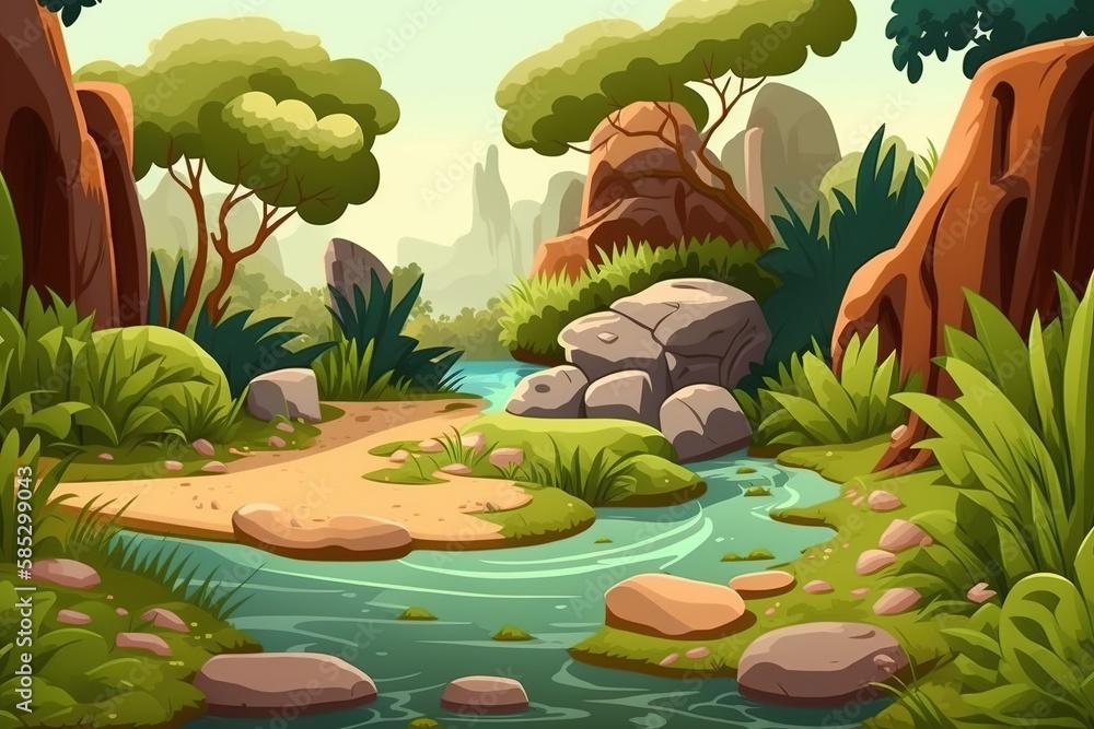 Cartoon-style jungle scene with a river and rocks Stock Illustration ...