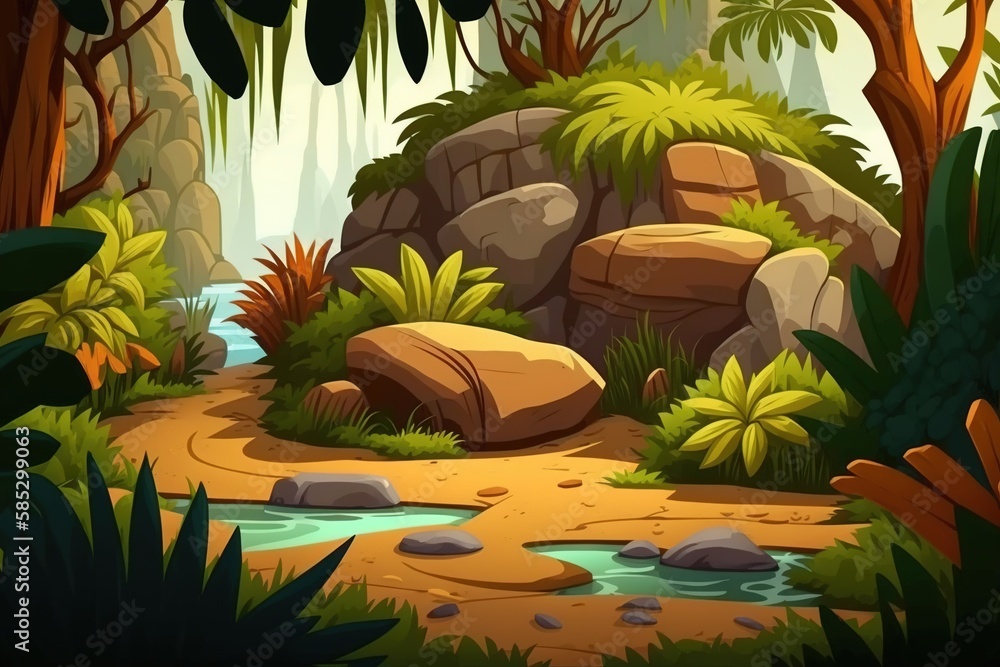 Cartoon-style jungle scene with a river and rocks Stock Illustration ...