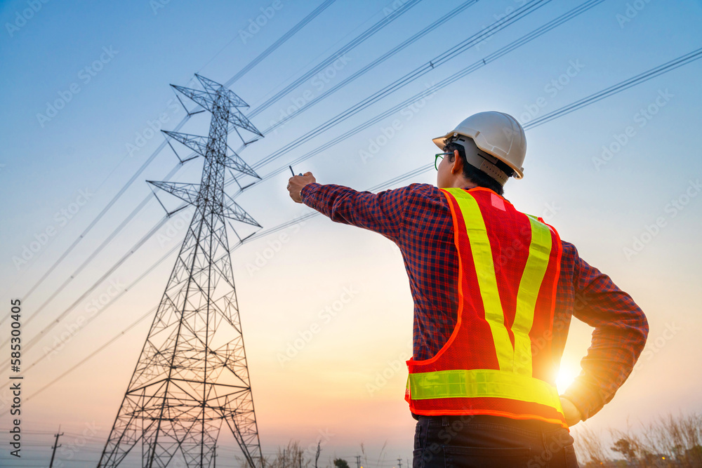 An electrical engineer standing and pointing at high voltage pylon To ...