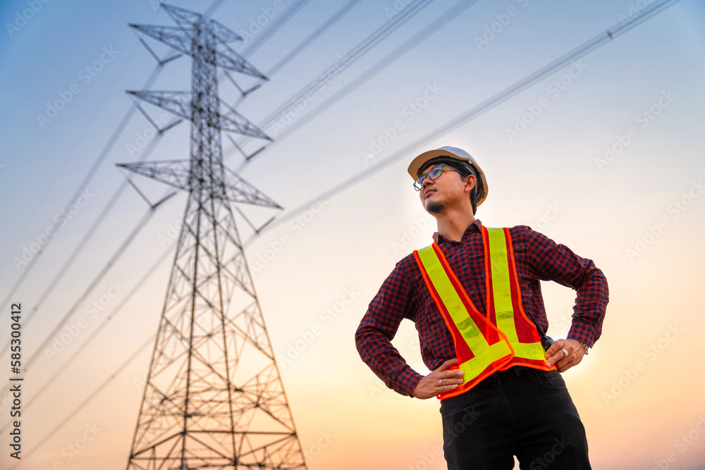 Handsome asian electrical engineer standing at high voltage pylon ...