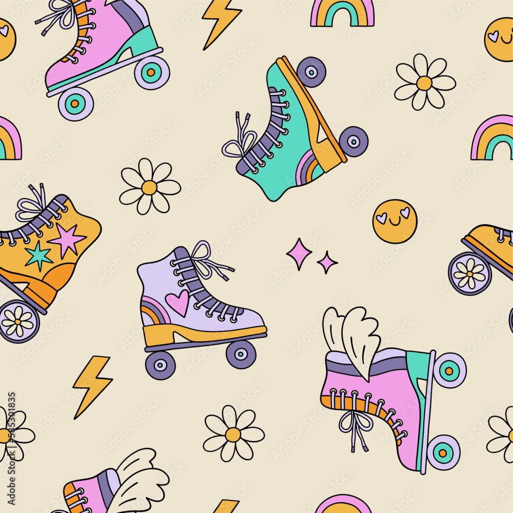 Groovy Roller Skate - vector illustration. Rerto seamless pattern Stock ...