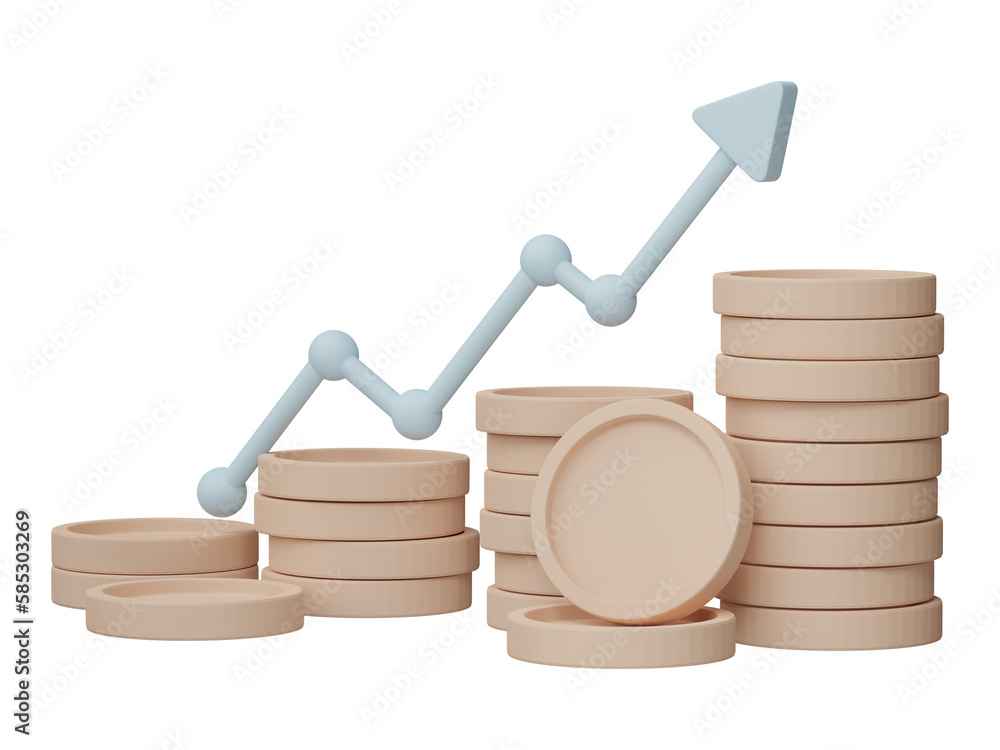 3D render. Business infographic with coinstack and statistic bars chart ...