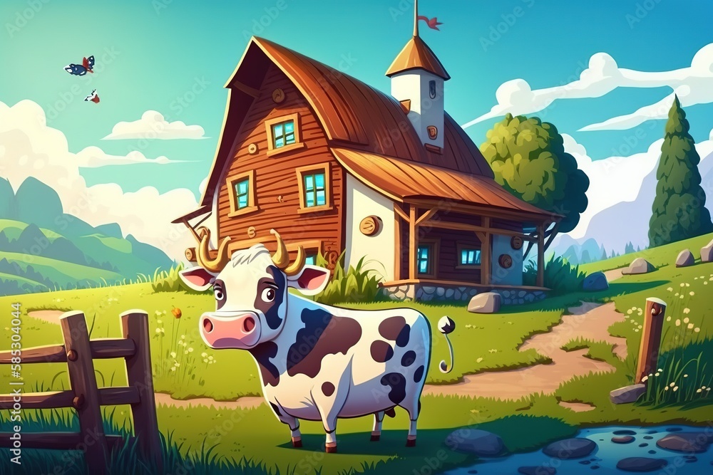 Ilustracja Stock: A cow standing in front of a farmhouse, cartoon-style ...