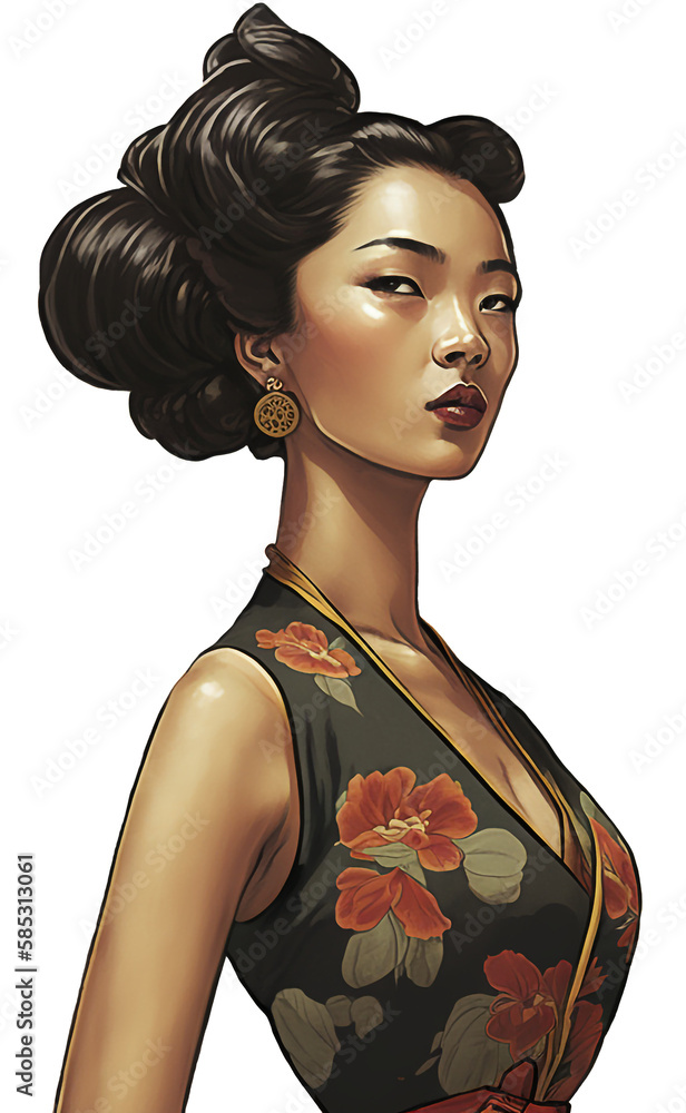 An illustration of a fictional, beautiful asian model wearing a flowered qipao gown, Generative ...