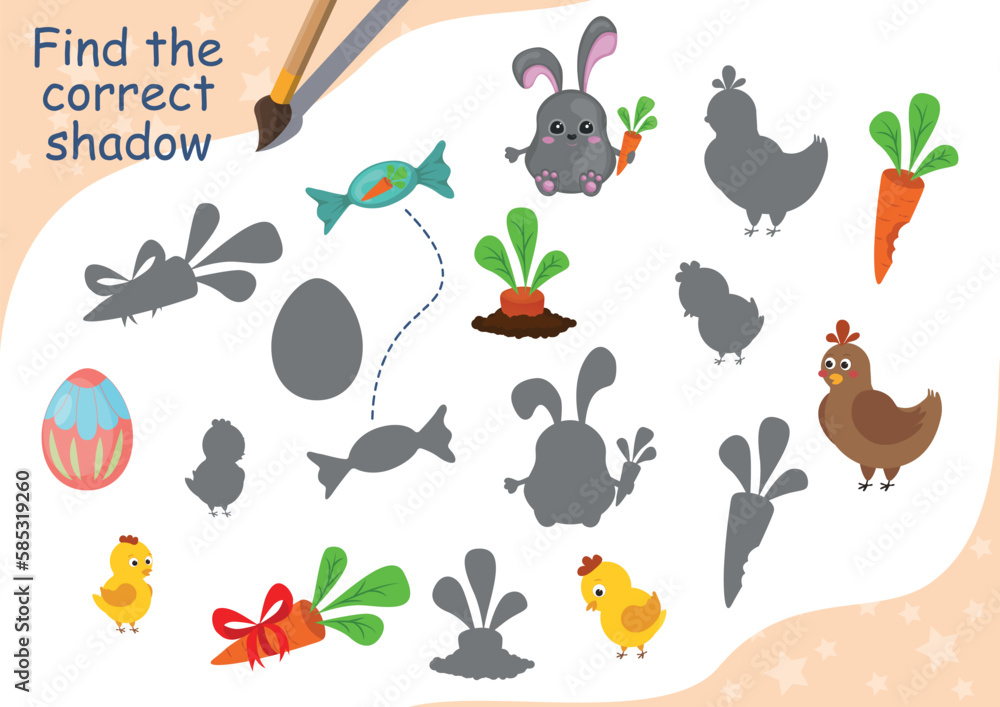 Easter games collection for kids. Find the correct shadow. Funny rabbit ...
