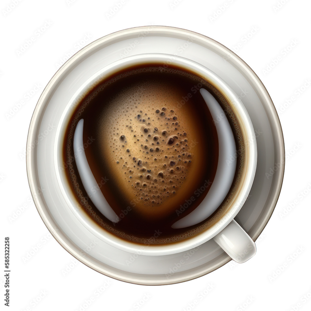 The image is a realistic top view of a cup of coffee on a transparent ...