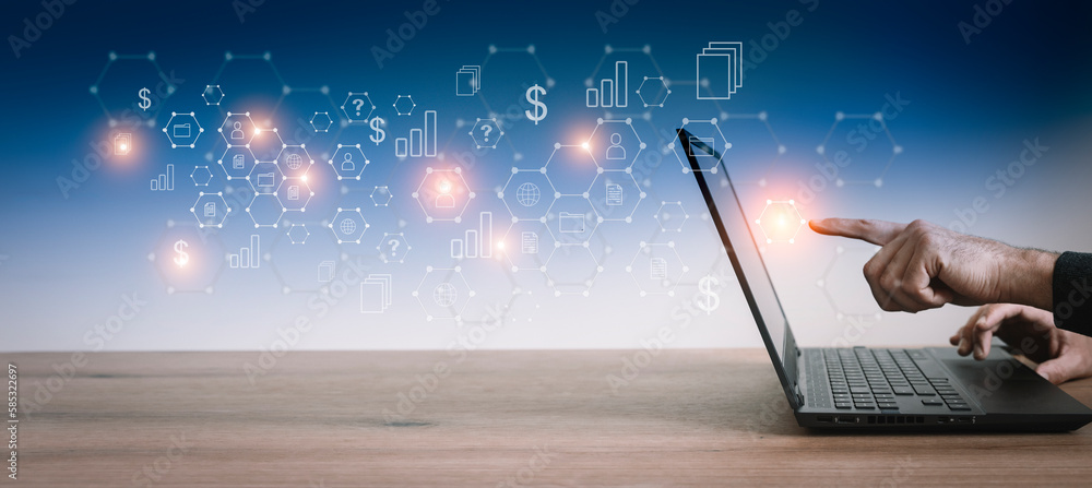Big data technology background. Using a laptop against the background ...