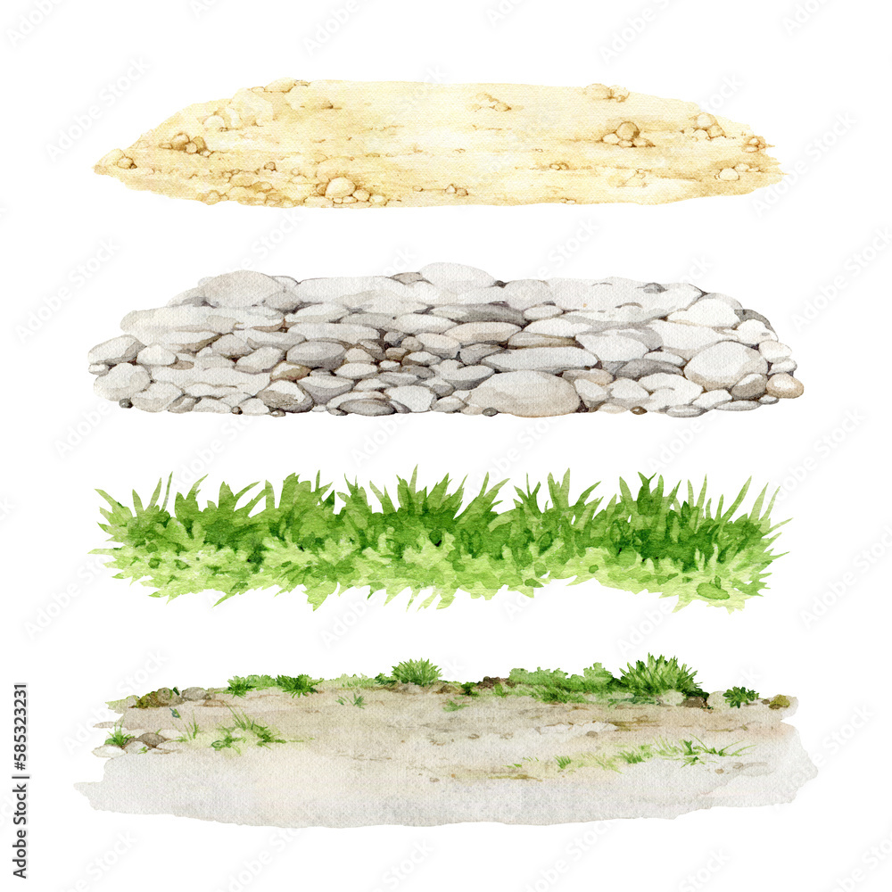 Green grass, sandy, pebble ground watercolor illustration set. Lush ...