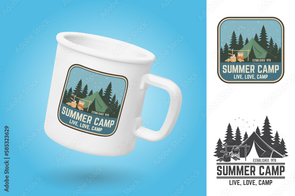 White camping cup. Realistic mug mockup template with sample design ...