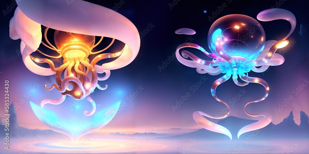 Photo of a digitally created scene featuring a jellyfish and an octopus ...