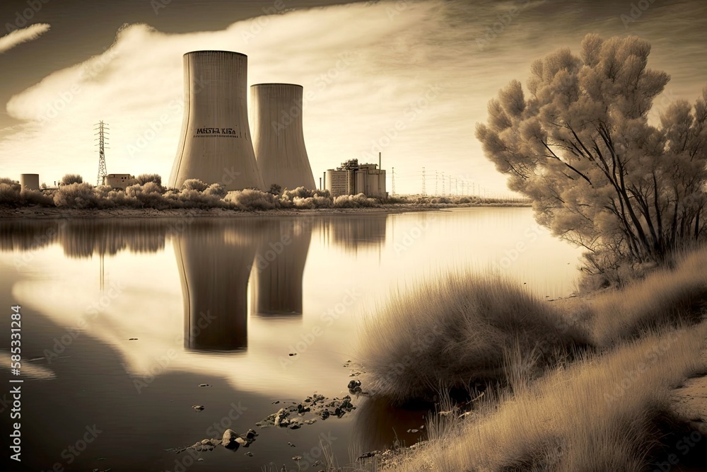 River-bank nuclear reactor with big pipes for power generation, created ...