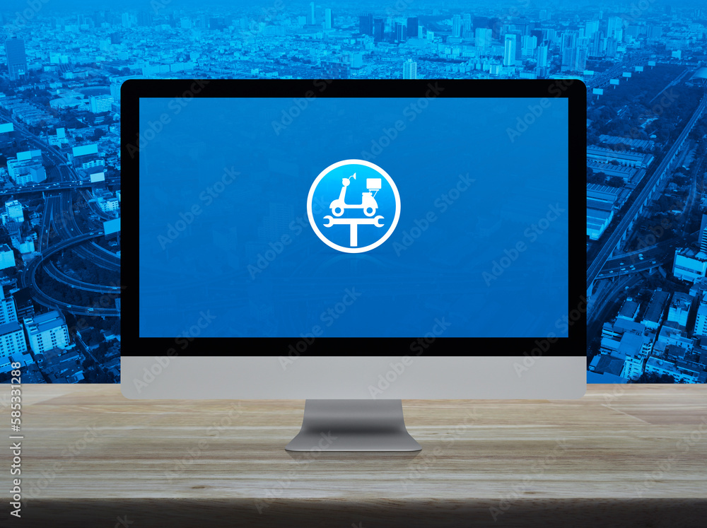 Foto de Service fix motorcycle with wrench tool icon on desktop modern ...