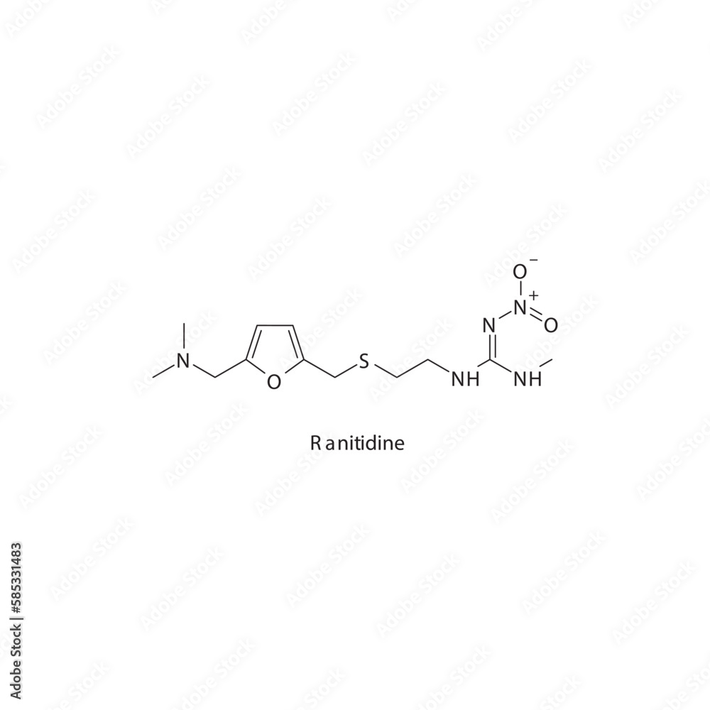 Ranitidine flat skeletal molecular structure H2 receptor antagonist ...