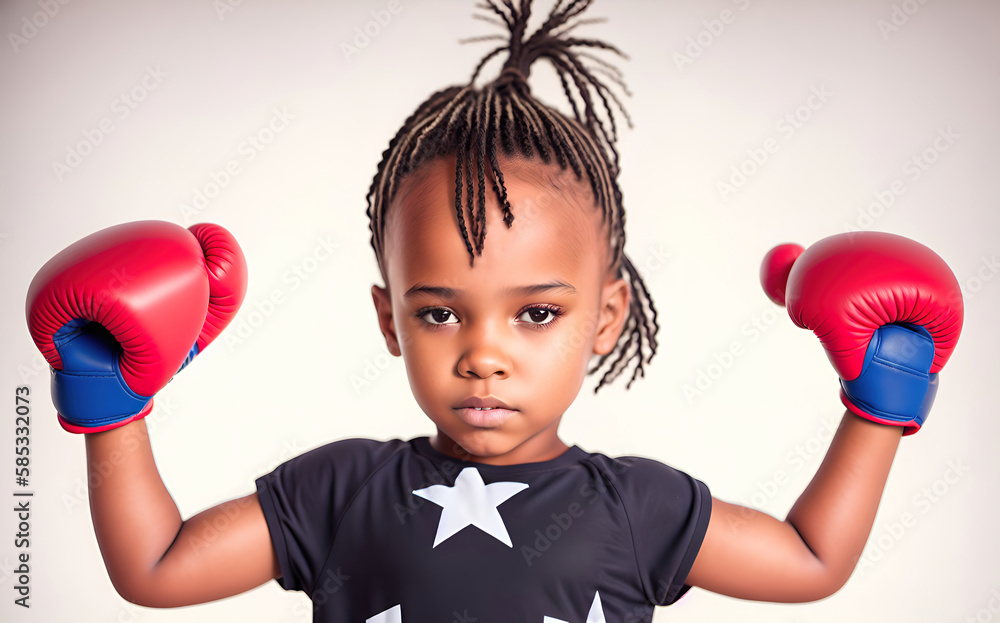 Little black african american boxer girl pulling muscle with boxing ...
