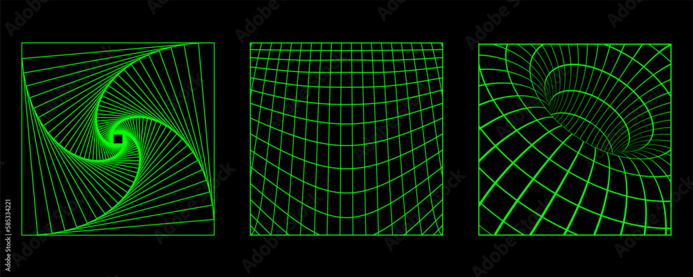 3D wireframe posters with geometric shapes and grids in trendy retro ...