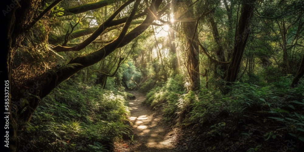 Pathway in the middle of the green leafed trees with the sun shining ...