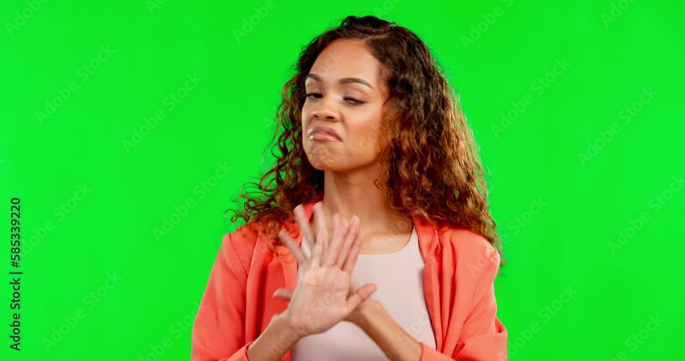 Stop, no and hand gesture with a woman on a green screen background in ...