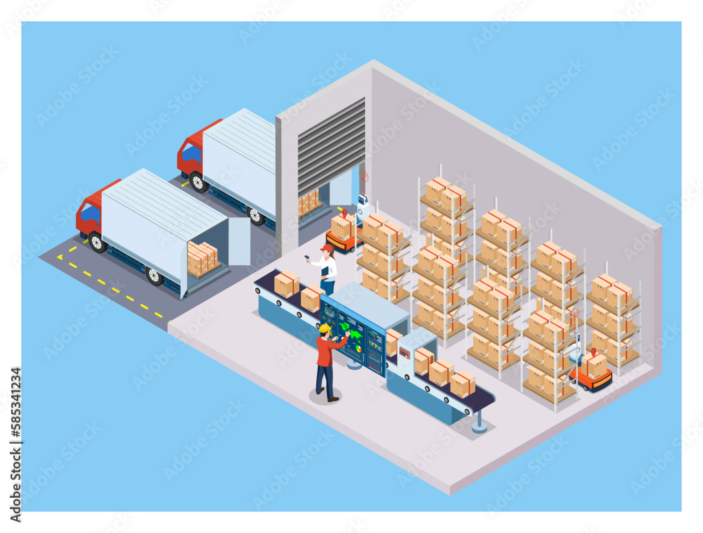 3d Isometric Warehouse Logistic Concept With Workers Loading Products On Belt Conveyor