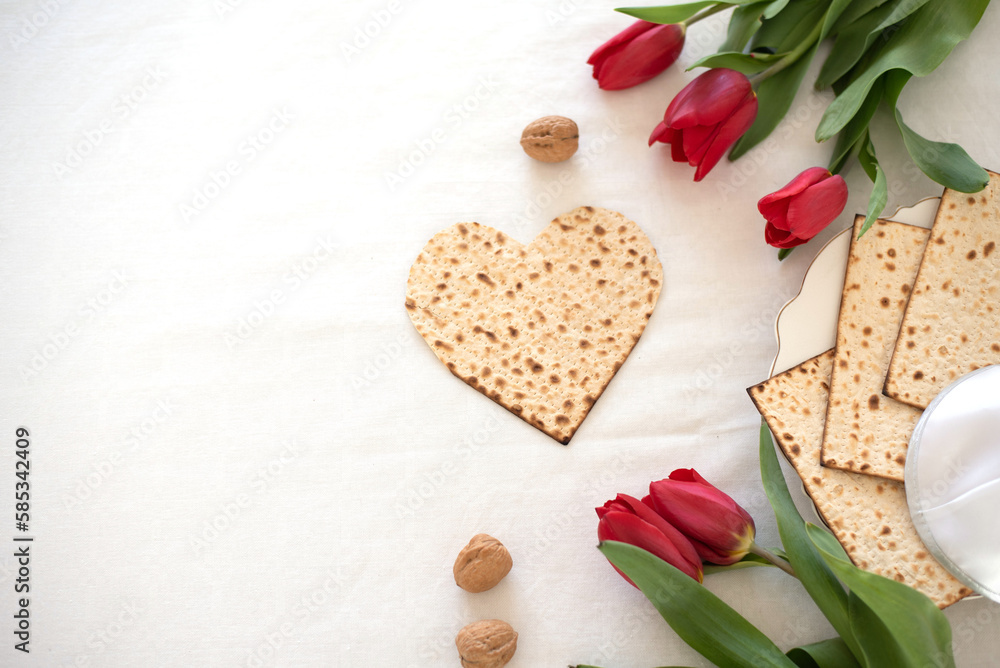 white big banner Matzah shape of heart with red tulips. Traditional of ...