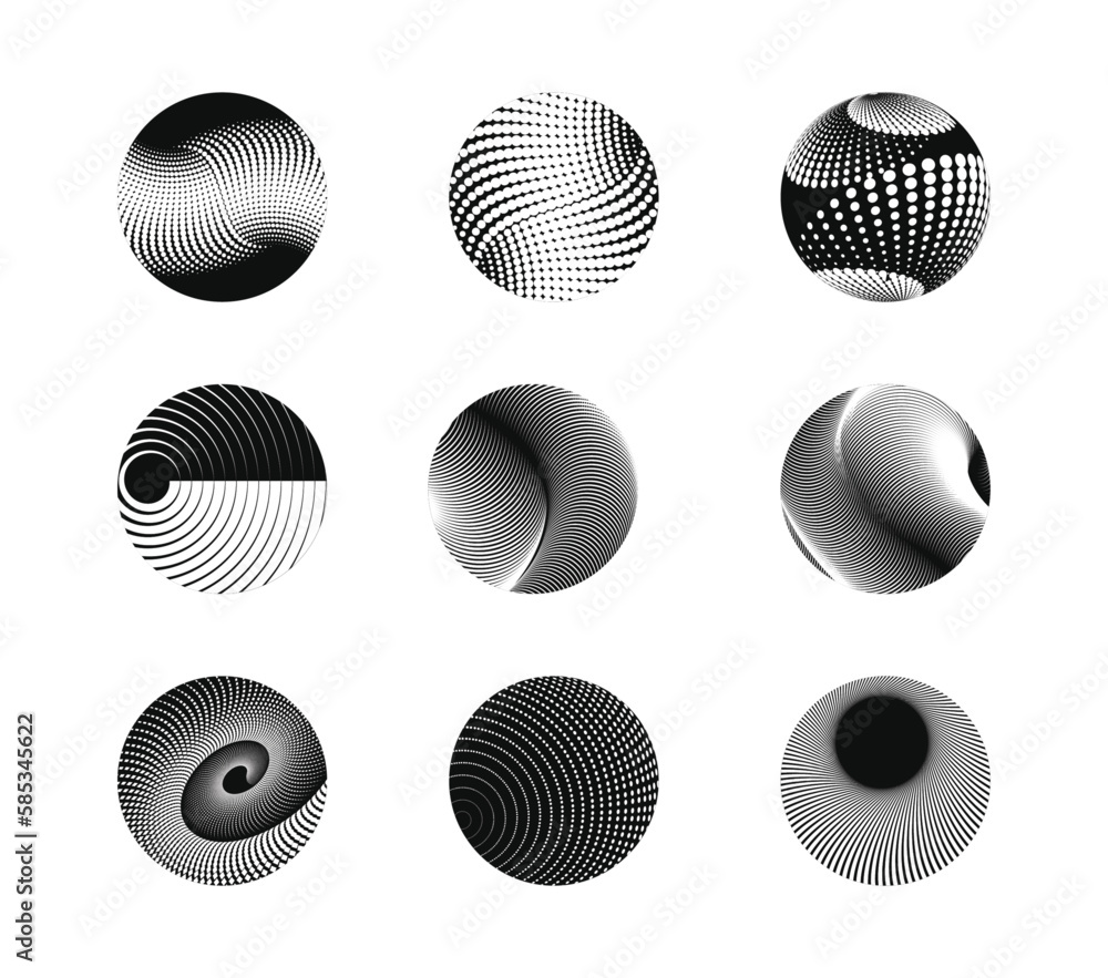 Set of black different size spiral lines. optical geometric art design ...