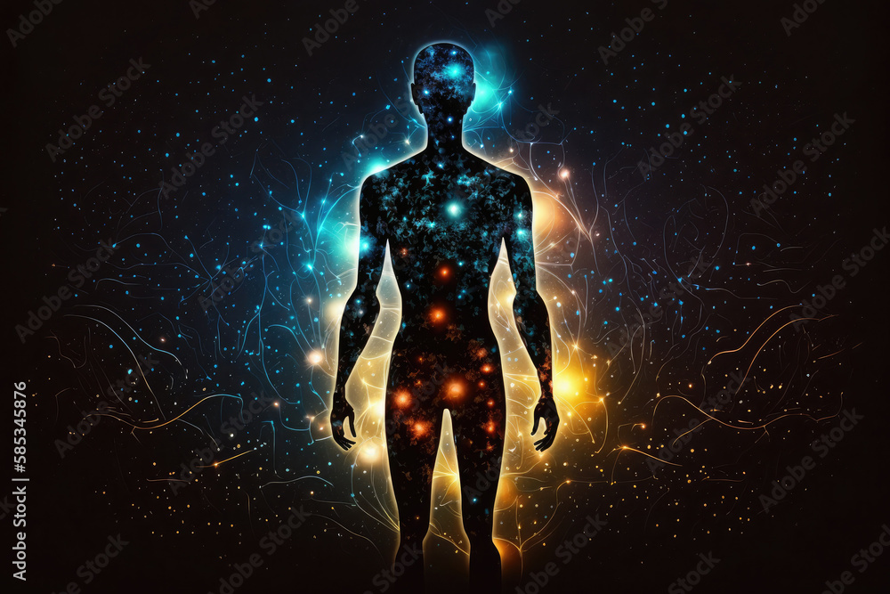 Сyber space concept of glowing astral body silhouette neural network AI ...