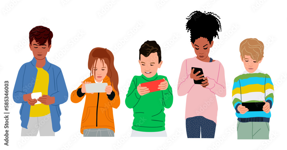 Cute little kids playing video game on smart phones. Phone, internet addiction concept. School ...