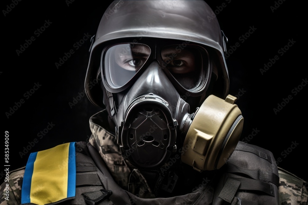 Ukrainian solder with helmet and gas mask on resting on the front lines ...