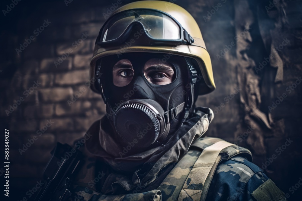 Ukrainian solder with helmet and gas mask on resting on the front lines ...
