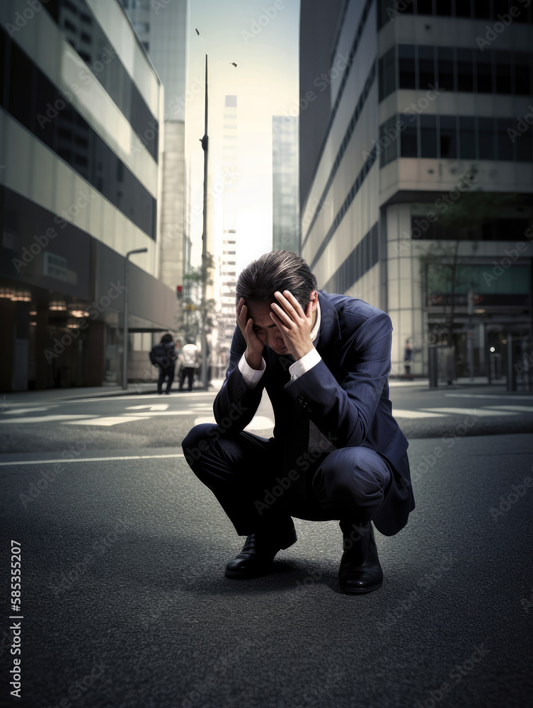 A corporate employee lost his job. broken, he hides his face in his ...