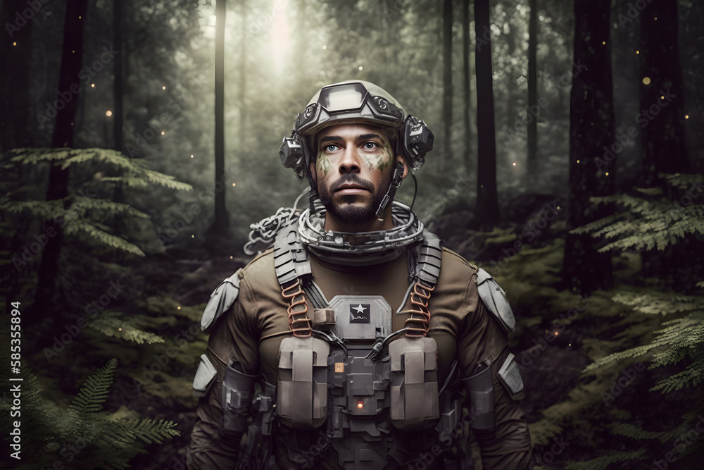Futuristic soldier on a mission in the jungle. Neural network AI ...