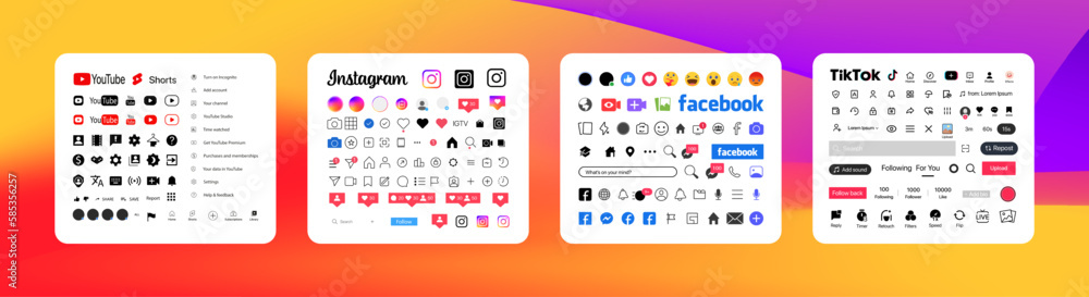 Instagram, Facebook , Tik Tok, YouTube buttons icon. Set screen social ...