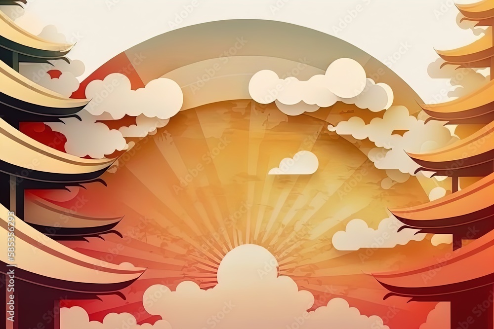 Eastern chinese cartoon background with pagoda roof on sunrise sky with ...