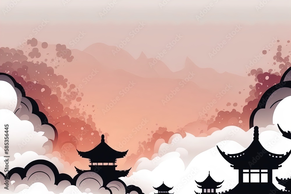 Eastern japanese cartoon background with pagoda buildings silhouettes ...