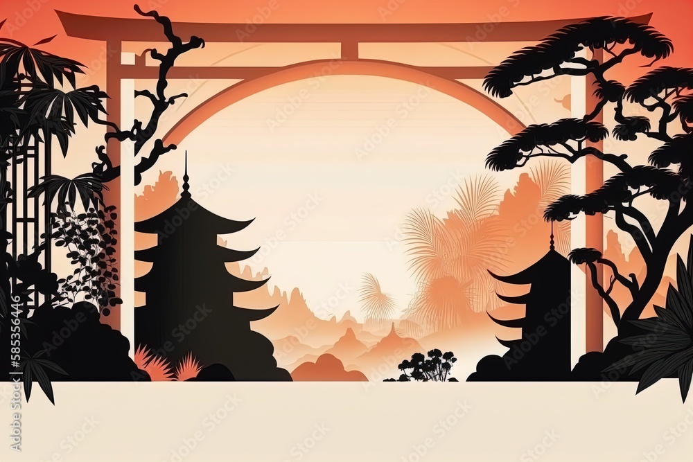 Eastern japanese cartoon background with pagoda buildings and trees ...
