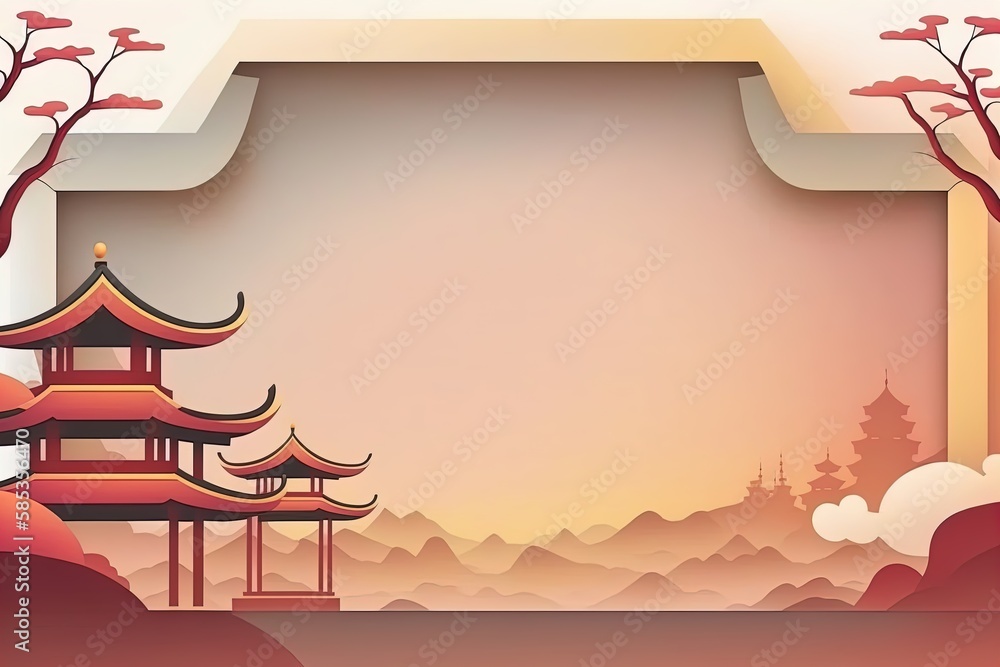 Eastern japanese cartoon background with pagoda buildings on clouds ...