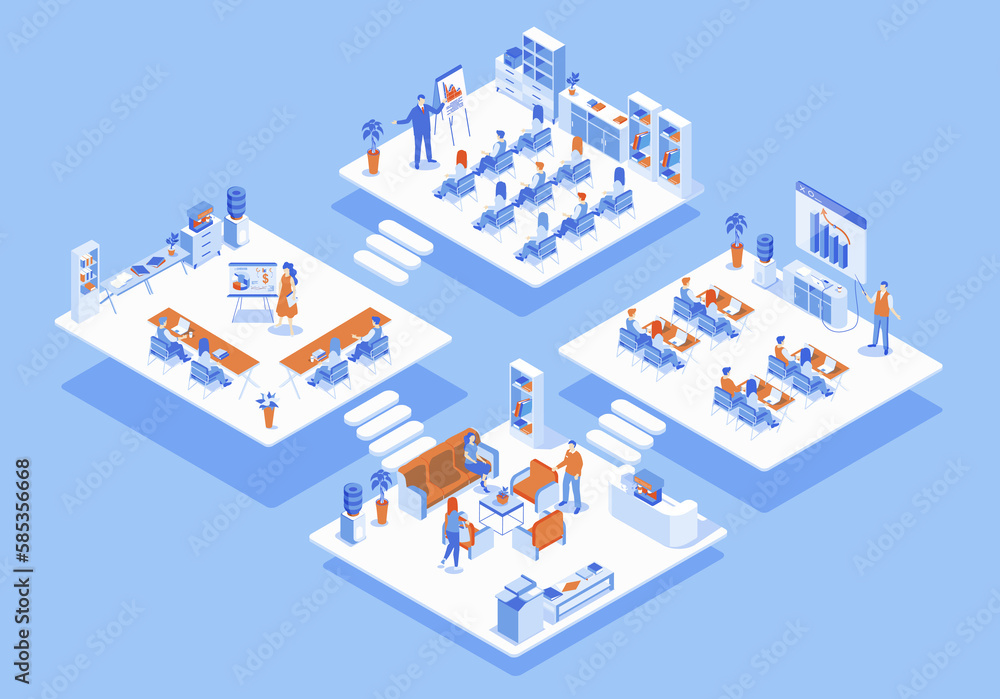 Business training concept 3d isometric web scene with infographic. People working in classrooms ...