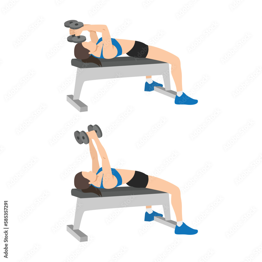 Woman doing Lying dumbbell tricep extensions exercise. Flat vector ...