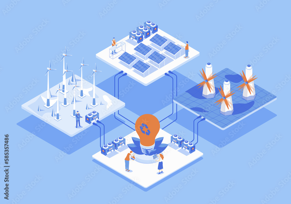 Green energy concept 3d isometric web scene with infographic. People ...