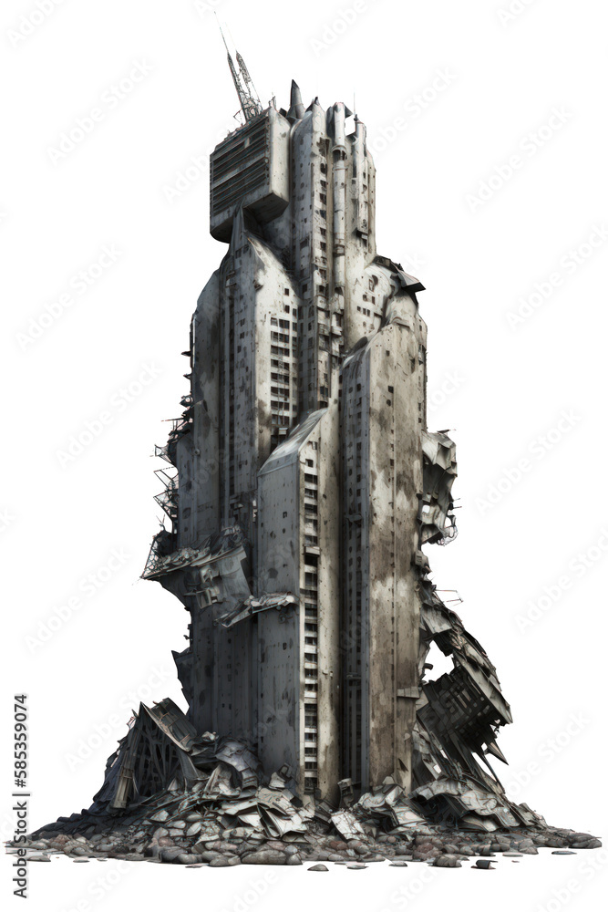 The image depicts a post-apocalyptic scene of ruined skyscrapers ...