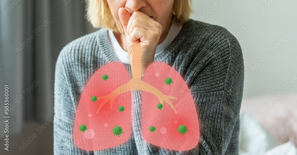 Sick senior women touching neck unwell coughing with sore throat pain ...