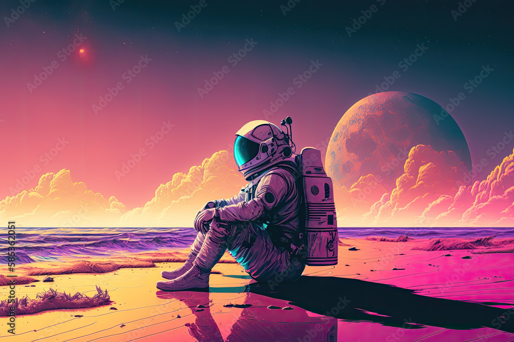 Astronaut sitting on the beach with a view of the planet, digital art ...